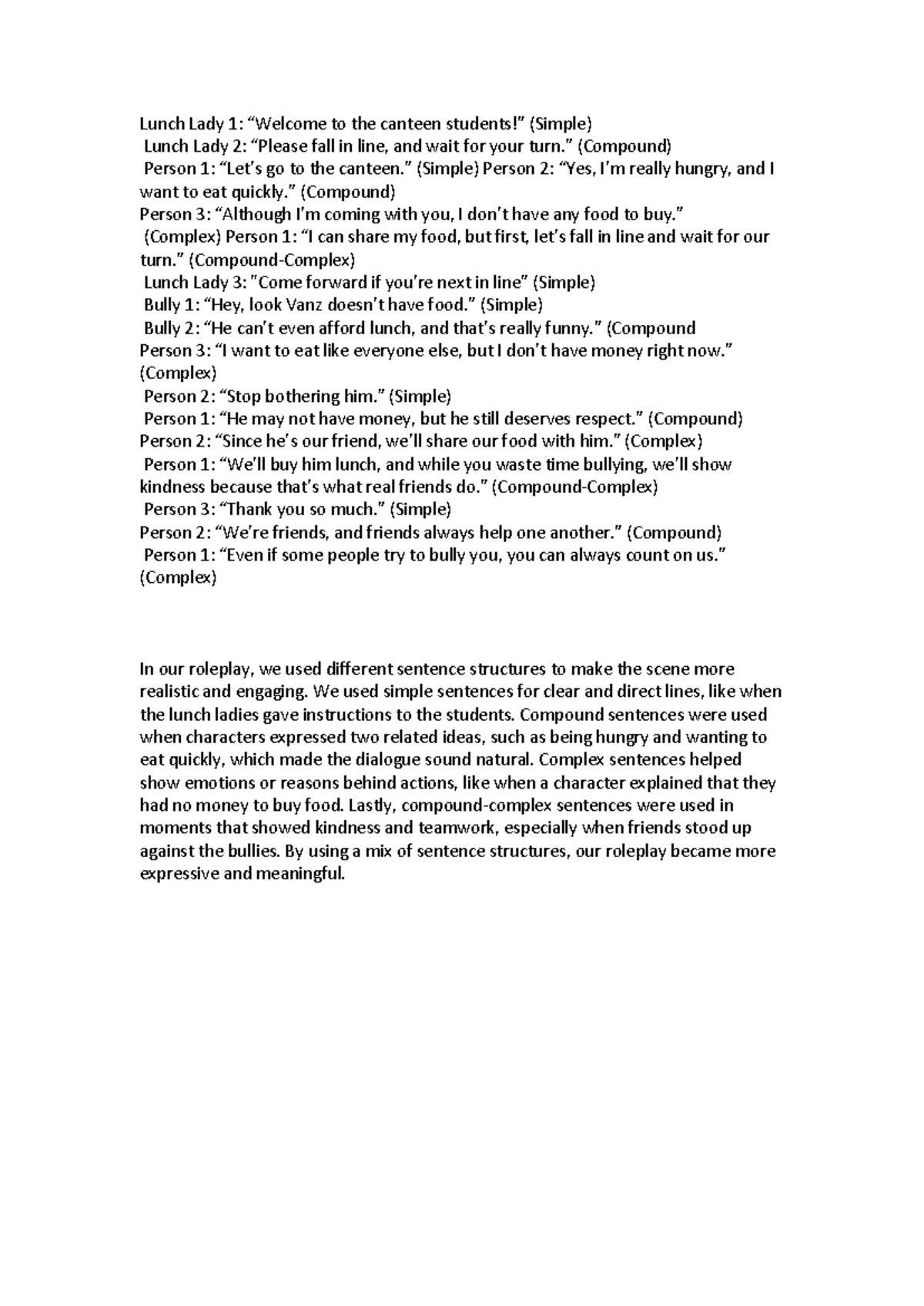 English 8: Roleplay Dialogue with Sentence Structures Analysis - Studocu