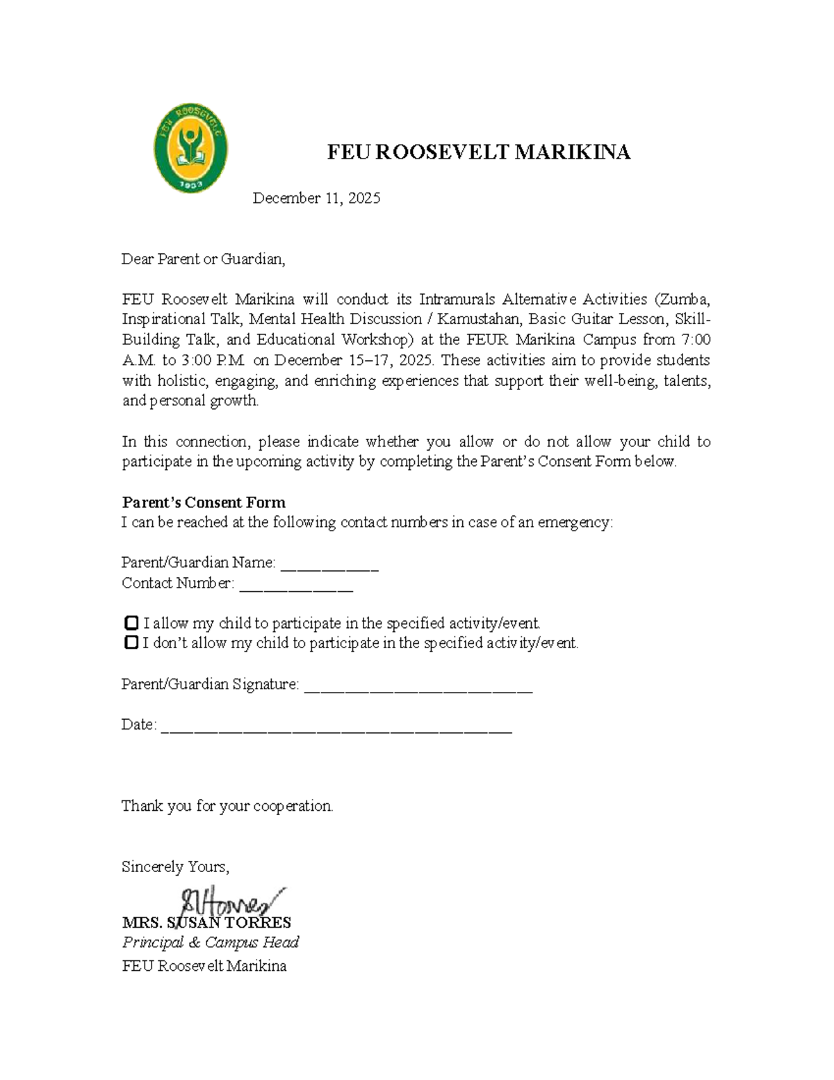 FEU ROOSEVELT MARIKINA Intramurals Alternative Activities Consent Form ...