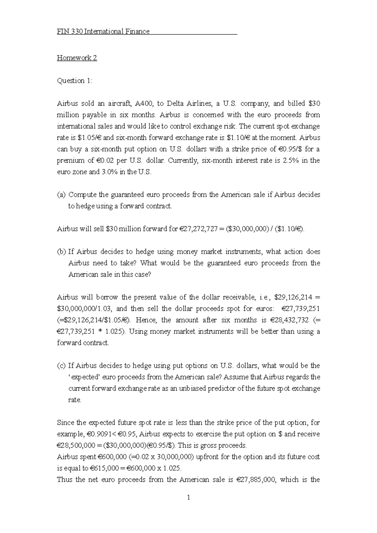 Fin 330 Homework 2 - Detailed Answer Key for Hedging & Investments - Studocu
