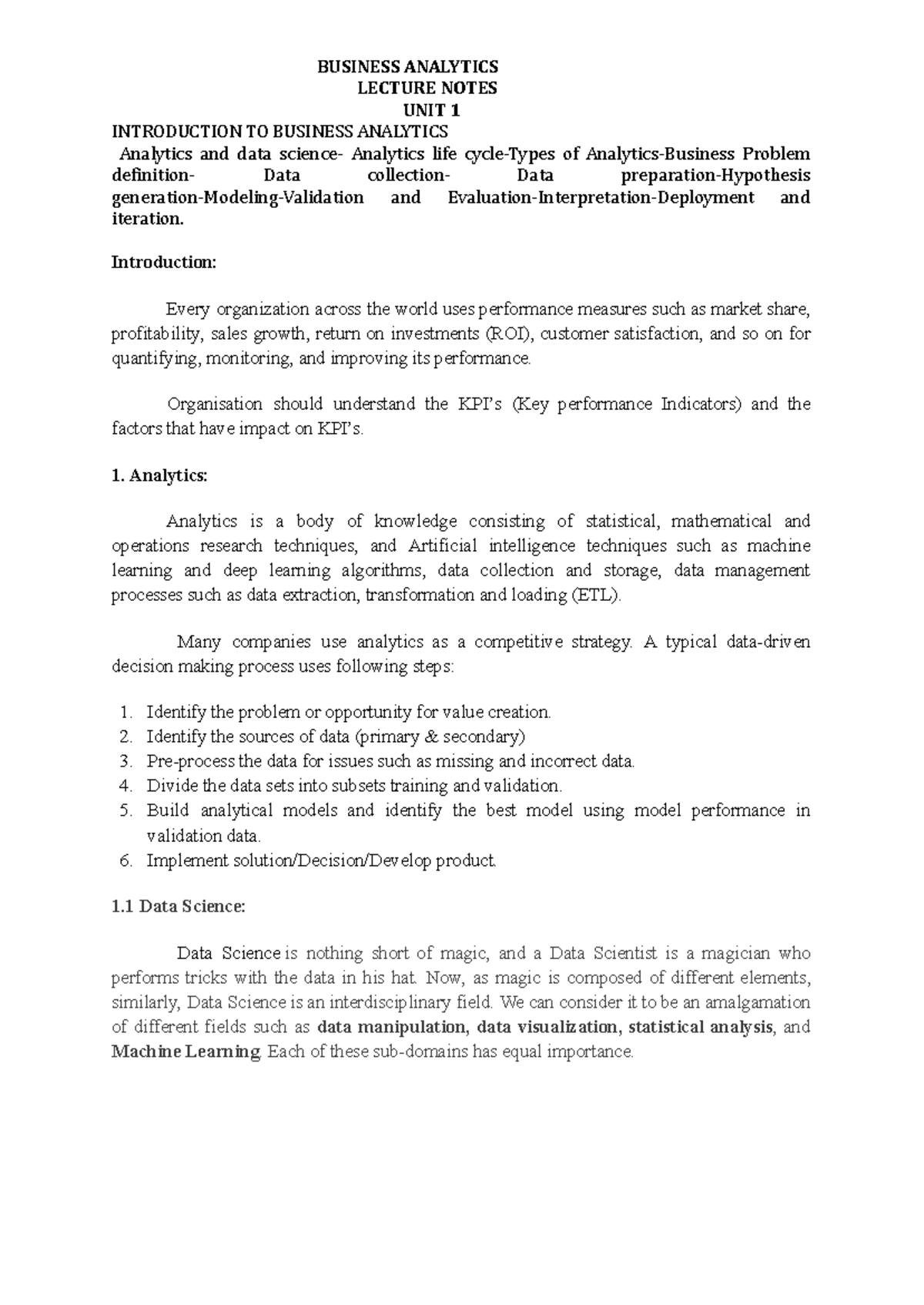 BUSINESS ANALYTICS LECTURE NOTES - ALL 5 UNITS OVERVIEW - Studocu