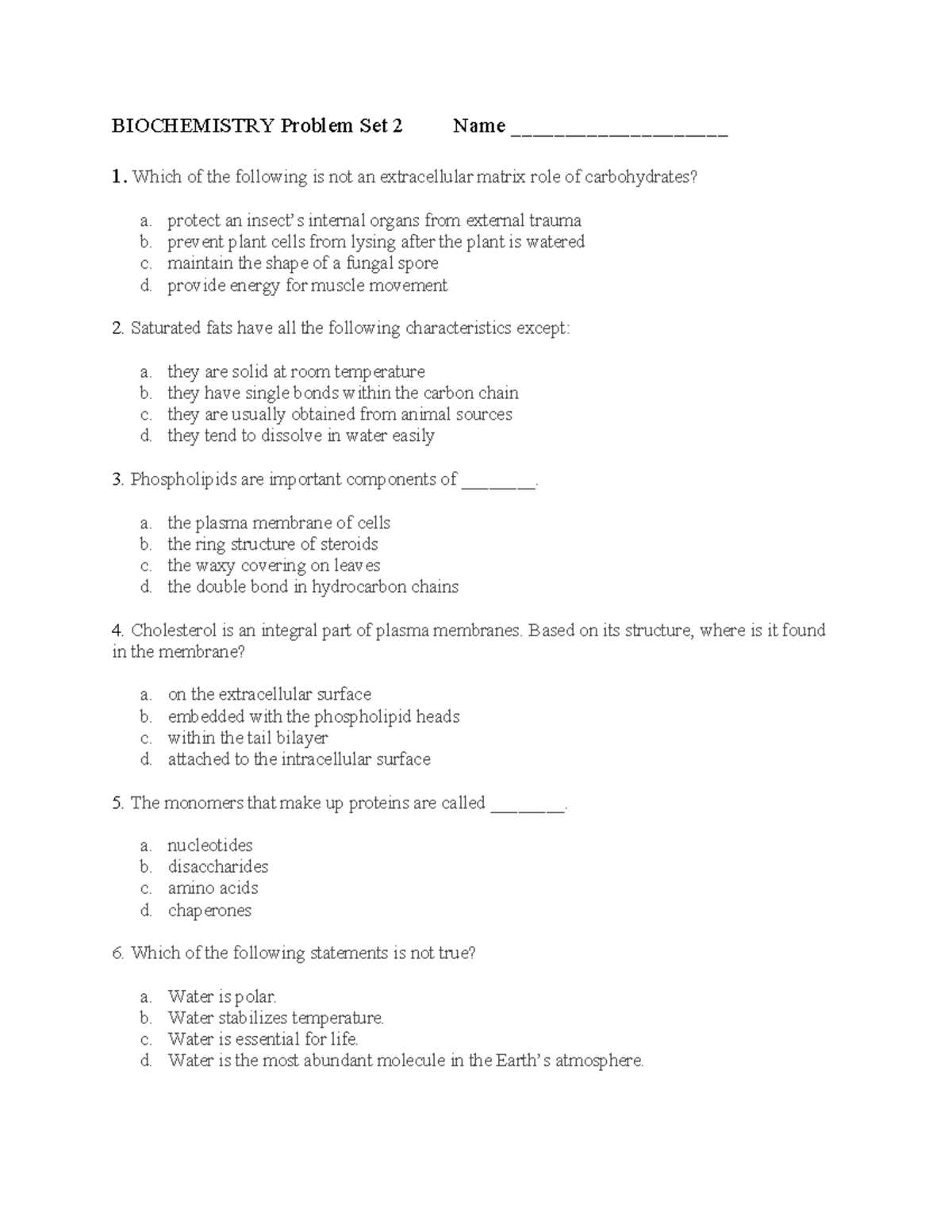 Biochemistry Problem Set 2: Key Concepts and Questions - Studocu