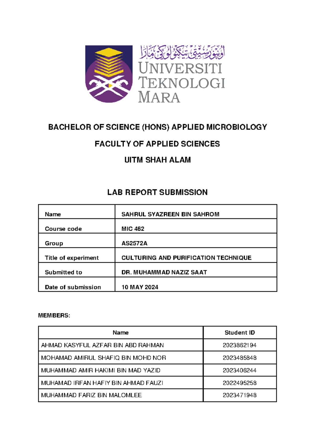 CULTURING AND PURIFICATION TECHNIQUE - LAB REPORT 1 (MIC 462) - Studocu