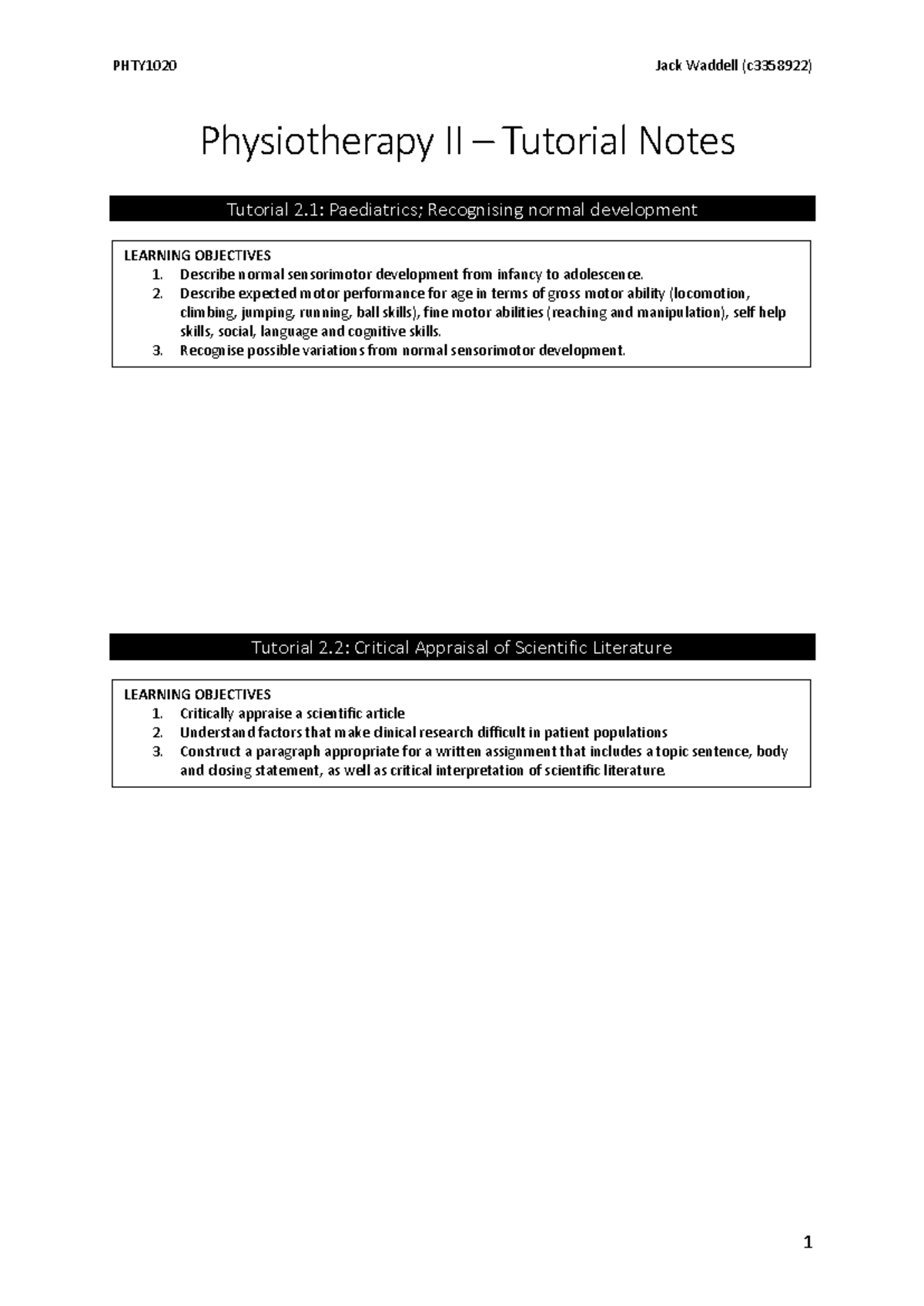 PHTY1020 Tutorial Notes - Physiotherapy II – Tutorial Notes Tutorial 2 ...