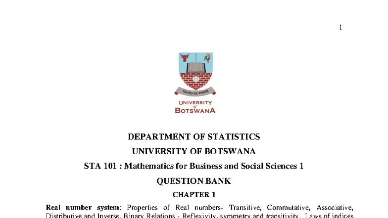 STA 101: Mathematics for Business & Social Sciences - Question Bank 1-8 ...