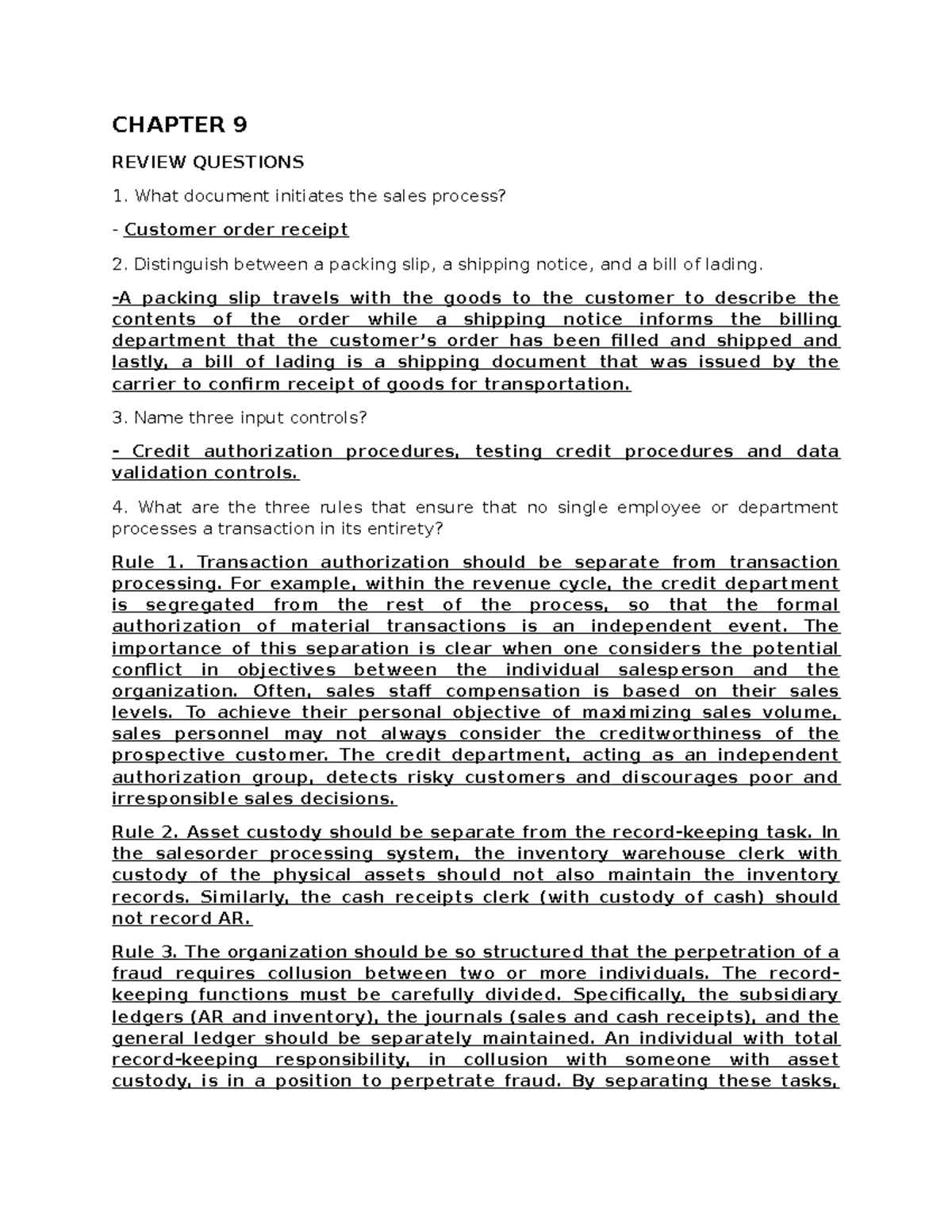 CHAPTER 9 REVIEW QUESTIONS: SALES PROCESS & INTERNAL CONTROLS - Studocu