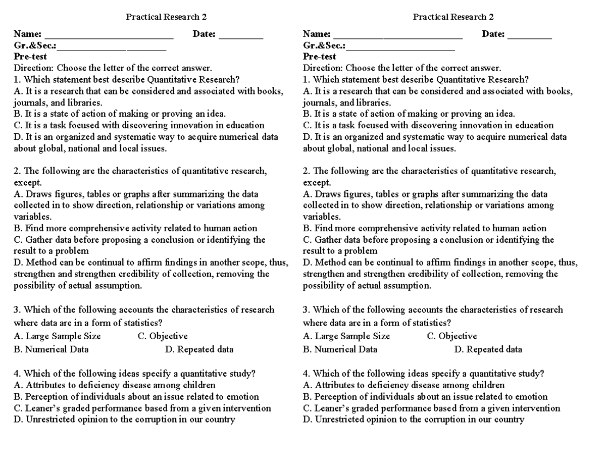 Pretest in Practical Research 2: Understanding Quantitative Research ...