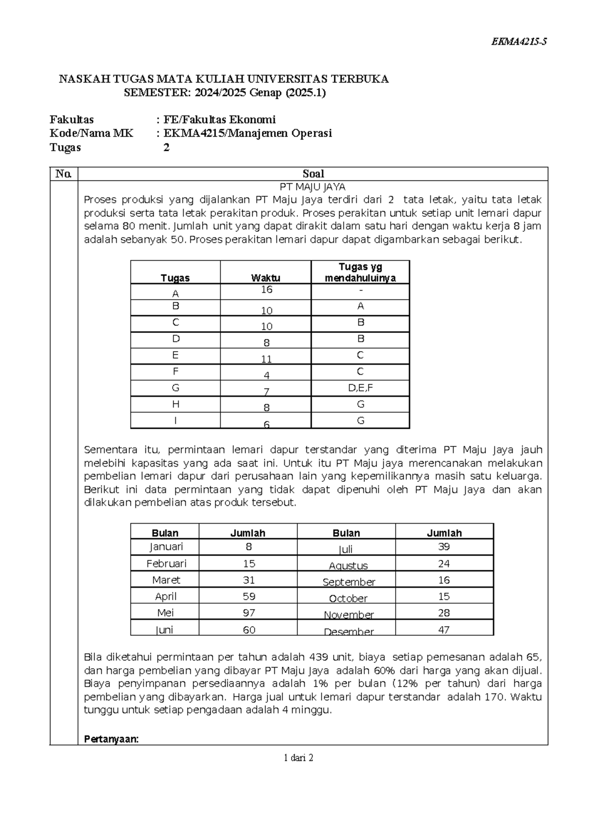 Manajemen Operasi: Tugas 2 EKMA4215 - Analisis Proses PT Maju Jaya - Studocu