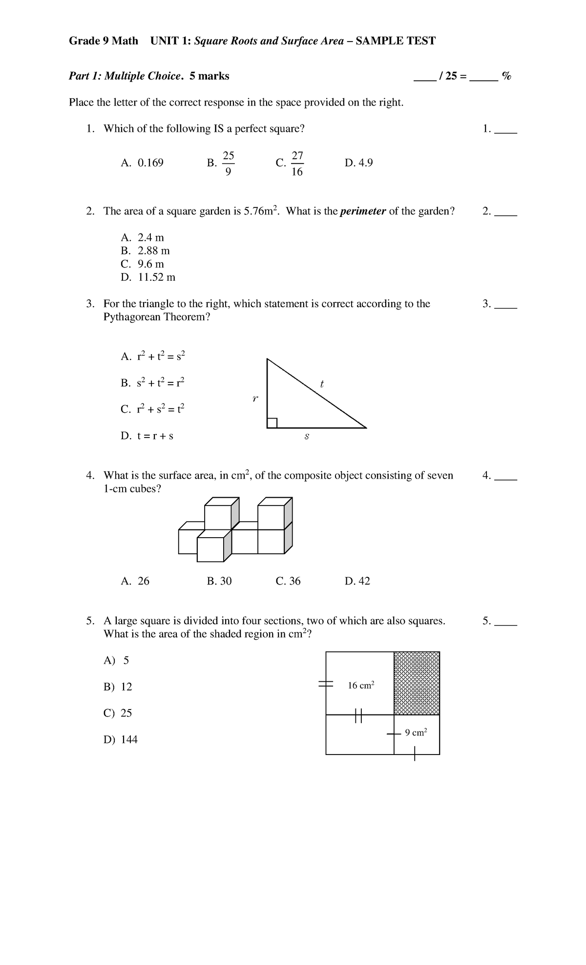 Grade 9 Math UNIT 1: Square Roots & Surface Area Sample Test - Studocu