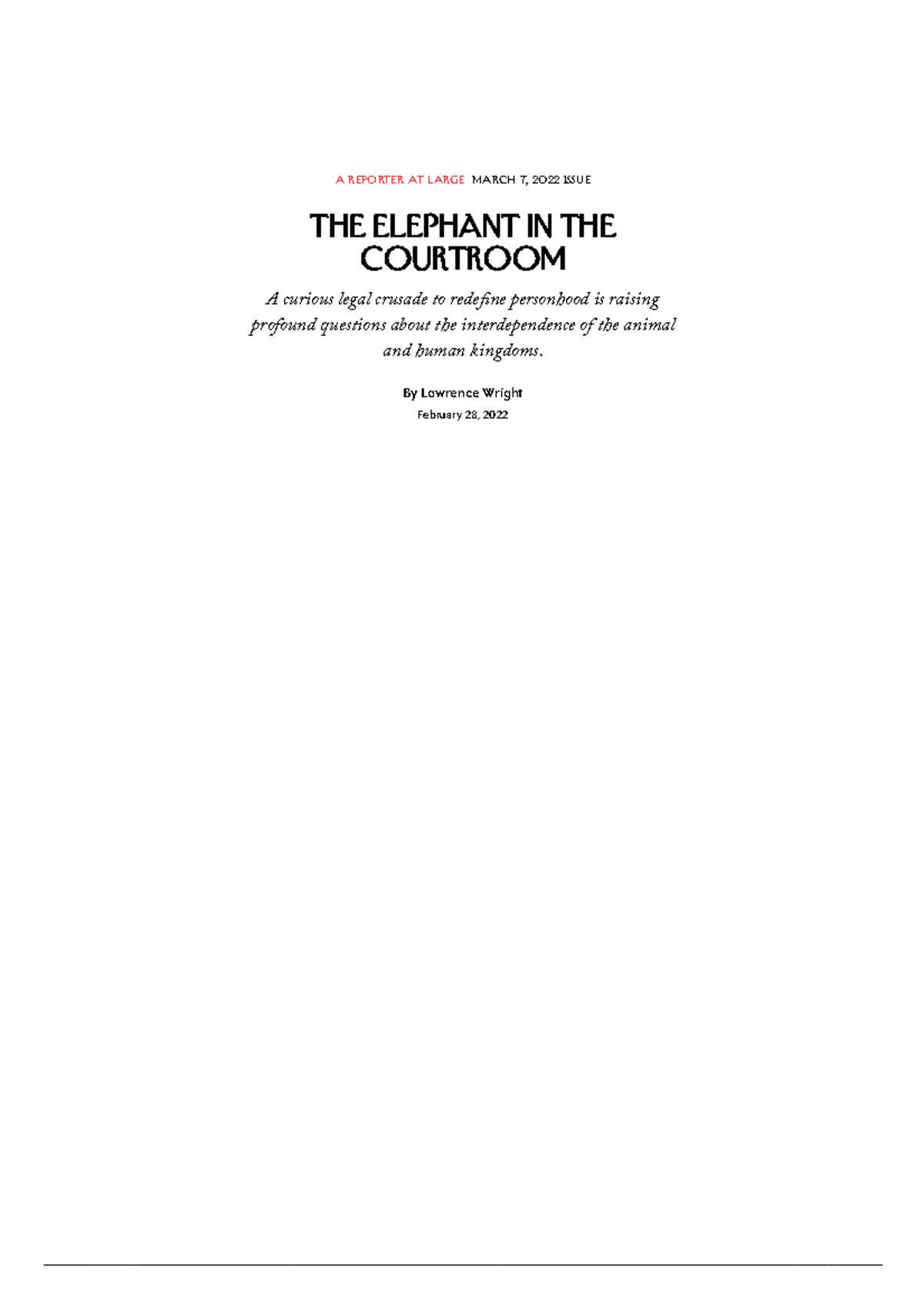 The Elephant in the Courtroom: Legal Personhood and Animal Rights - Studocu