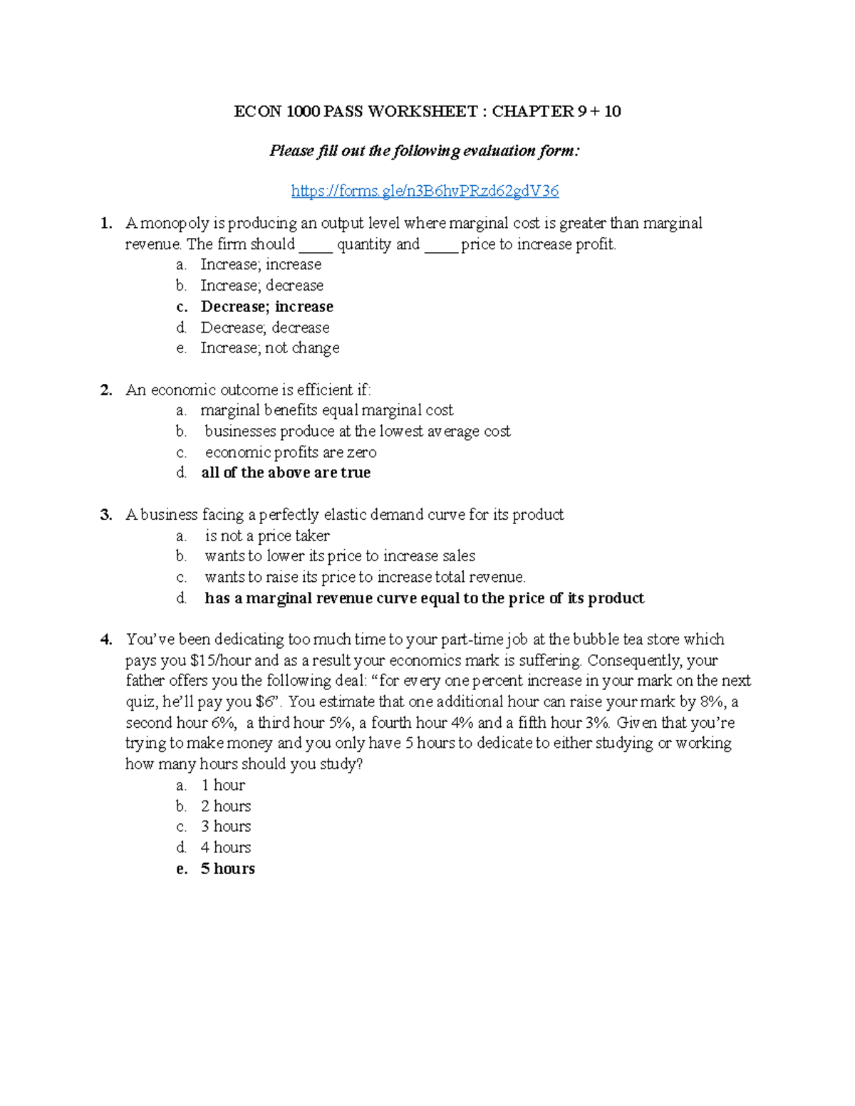 Ch 9 + 10 Worksheet - Answers introduction to microeconomics econ1000 ...