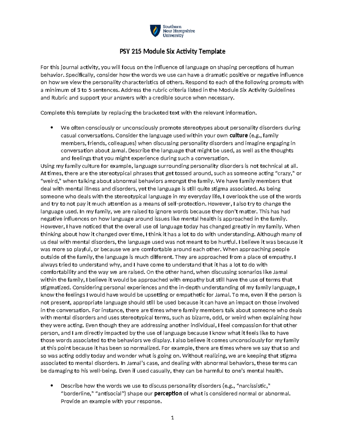 Module 6-2 Journal - PSY 215 Module Six Activity Template For this ...