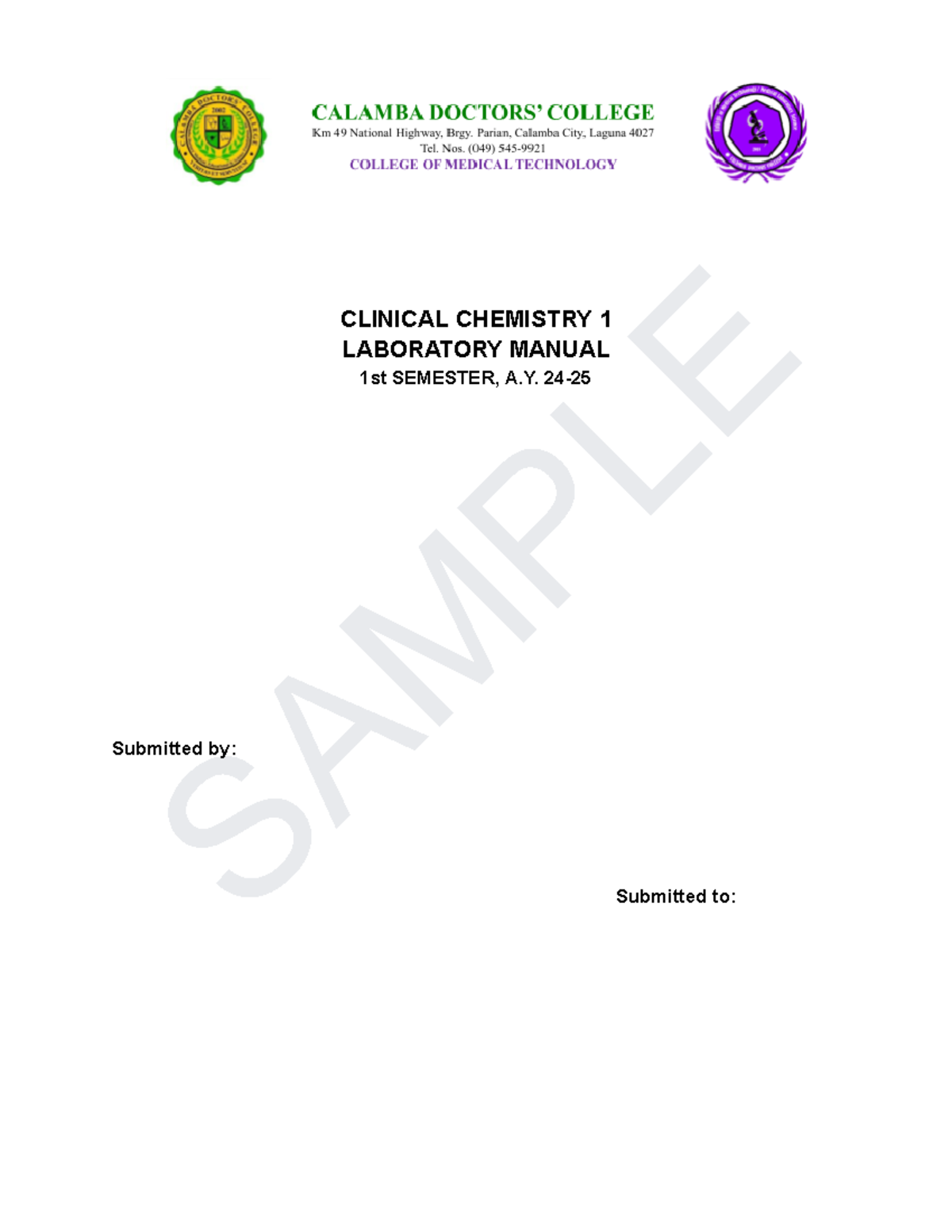Table OF Contents Sample - SAMPLE CLINICAL CHEMISTRY 1 LABORATORY ...