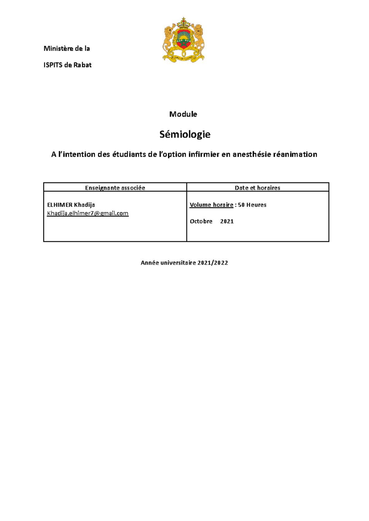 biologie 1er ann - Ministère de la ISPITS de Rabat Module Sémiologie A ...