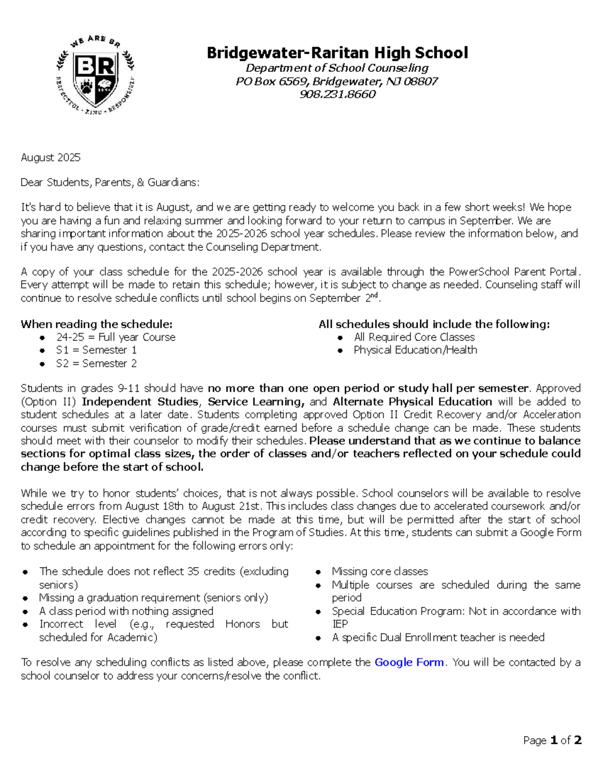 BRHS Summer Schedule Letter 2025: Important Info for Students - Studocu