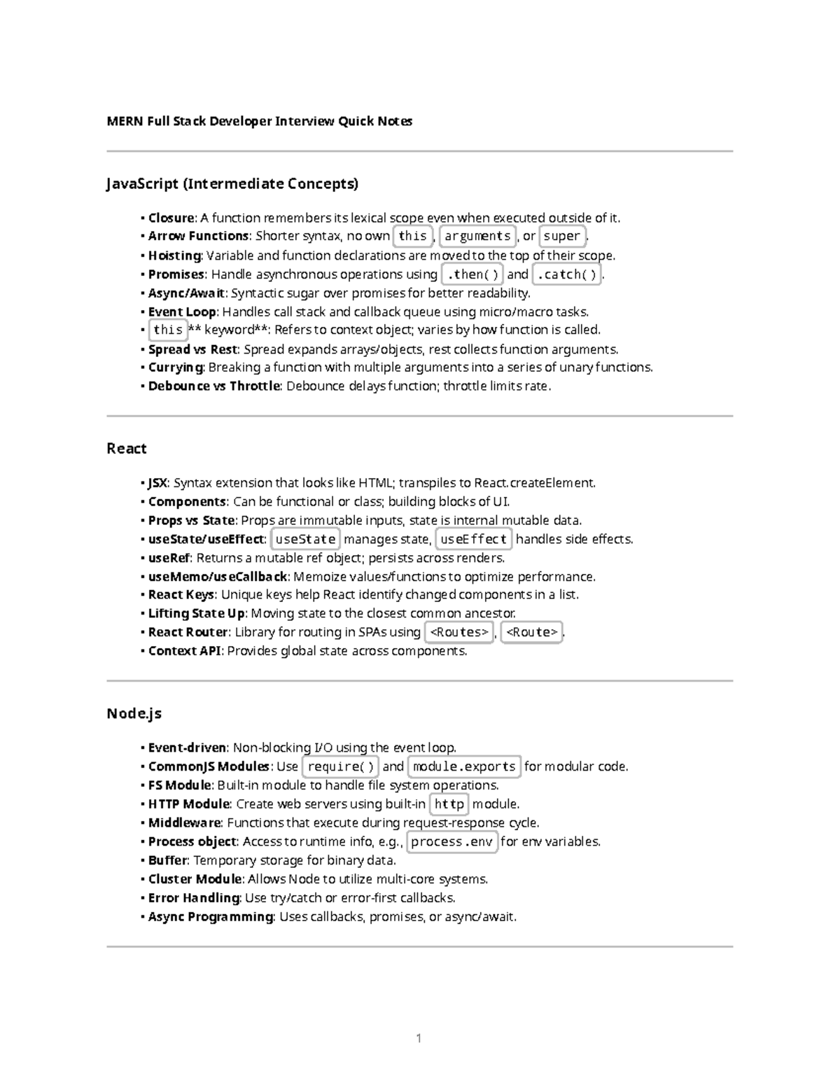 MERN Fullstack Developer Interview Notes: Key JavaScript Concepts - Studocu