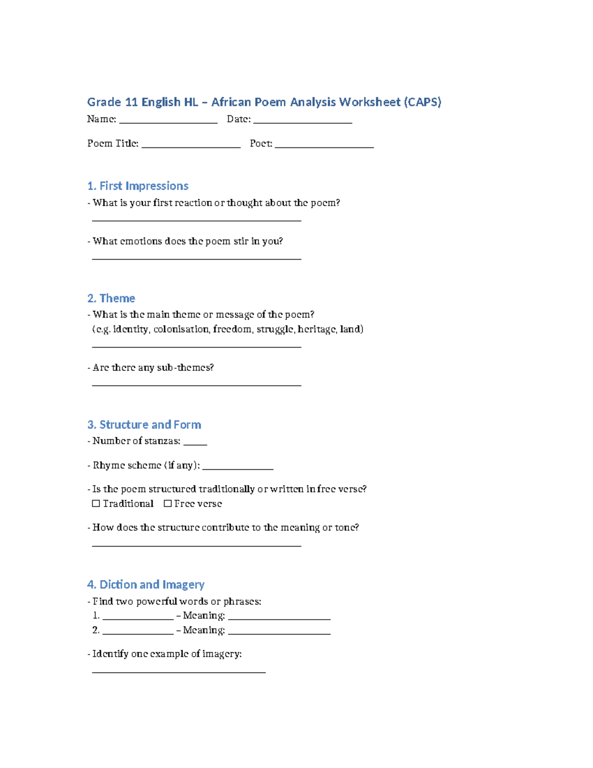 Grade 11 English HL African Poem Analysis Worksheet (CAPS) - Studocu