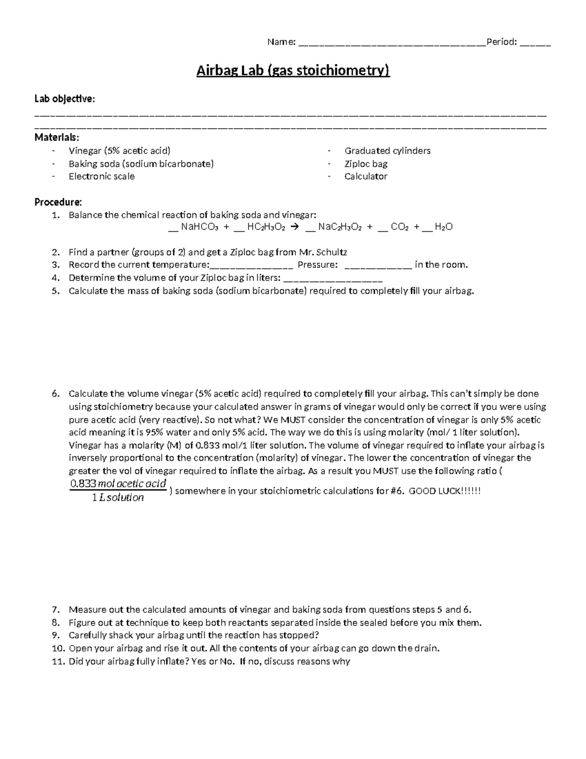 Airbag Lab (Gas Stoichiometry) - Experiment Procedure and Analysis ...