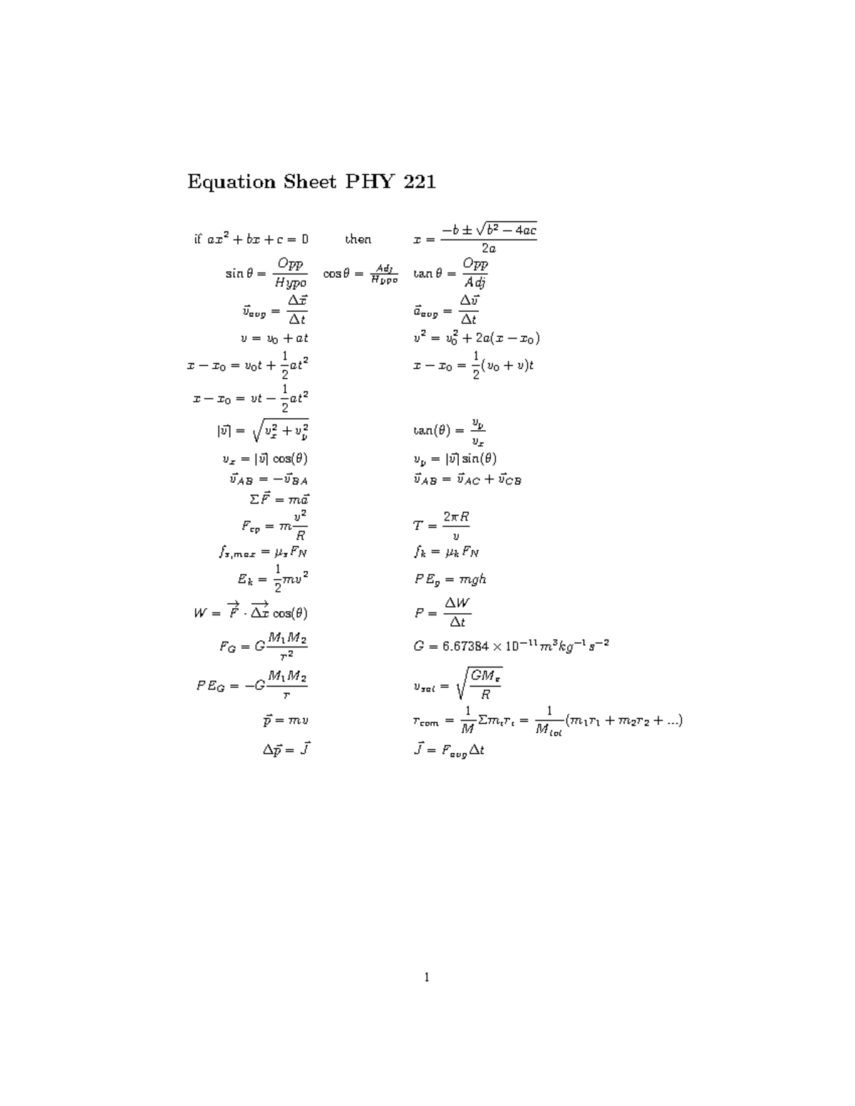 Equation Sheet for PHY 221: Essential Concepts & Formulas - Studocu