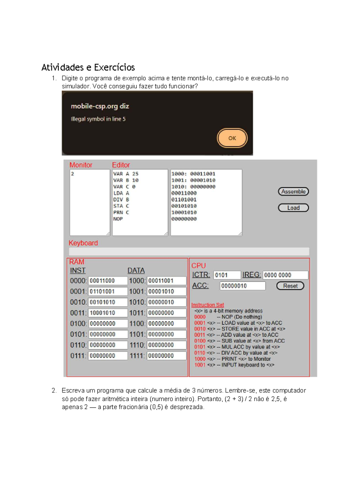 Atividades e Exercícios 1 - Exercicio 2: Linguagem de Máquina e ...