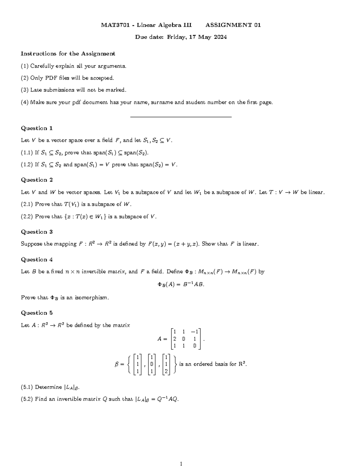MAT3701 Assignment 01 2024 - MAT3701 - Linear Algebra III ASSIGNMENT 01 ...