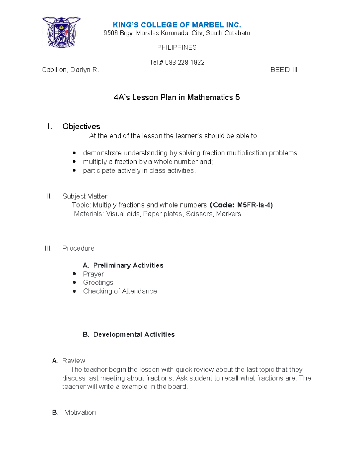083 Lesson Plan: Multiplying Fractions & Whole Numbers in Math 5 - Studocu