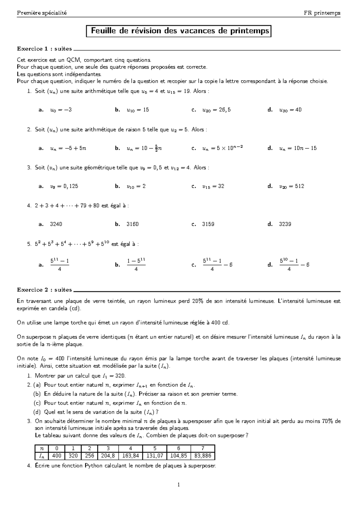 2024 1Spe FR Printemps - Feuille de Révision et Exercices de ...