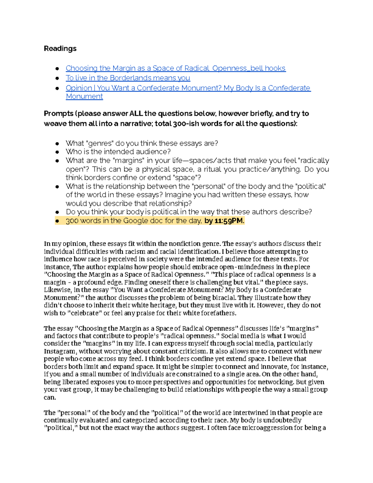 ENG2100 9/6 course readings - Readings Choosing the Margin as a Space ...