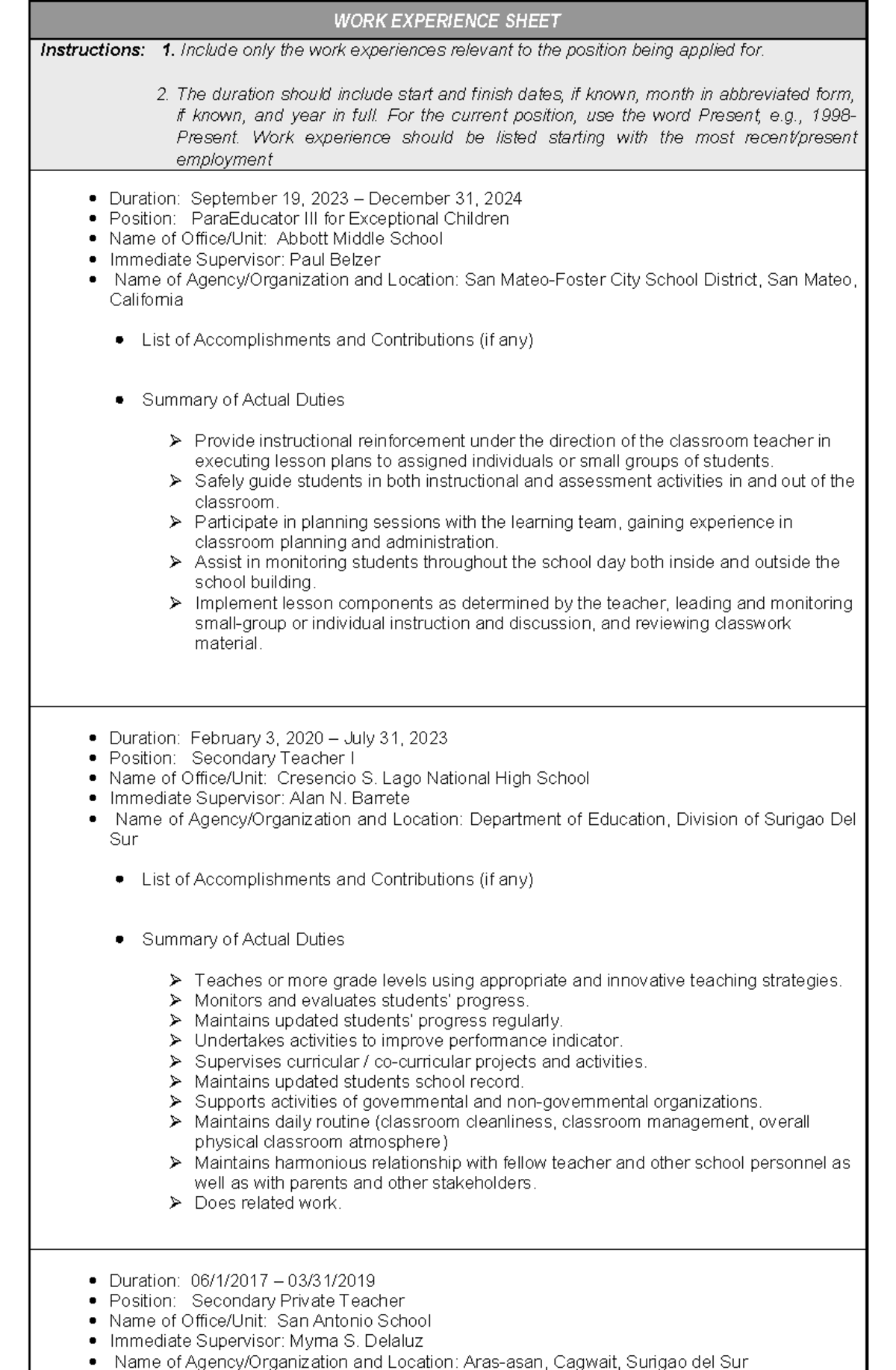 sample work experience sheet - Attachment to CS Form No. 212 WORK ...