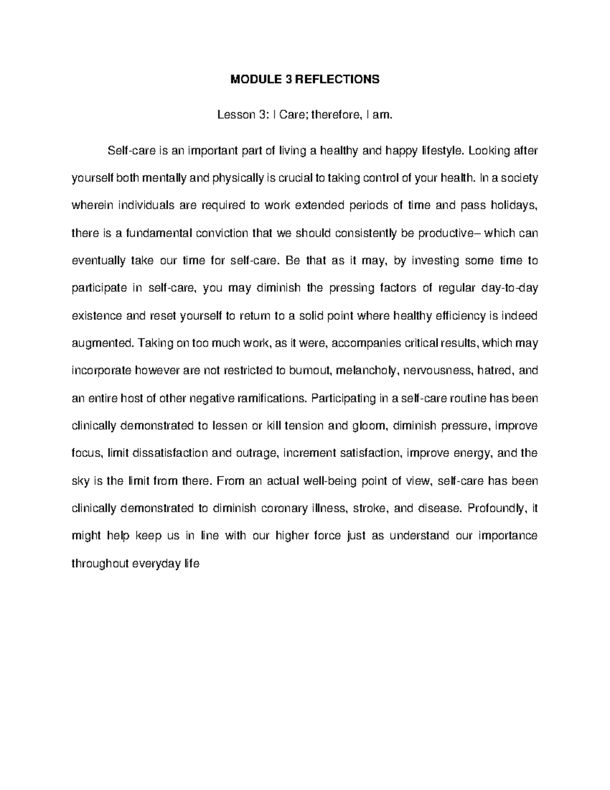 Reflection 2 - MODULE 3 REFLECTIONS Lesson 3: I Care; therefore, I am ...