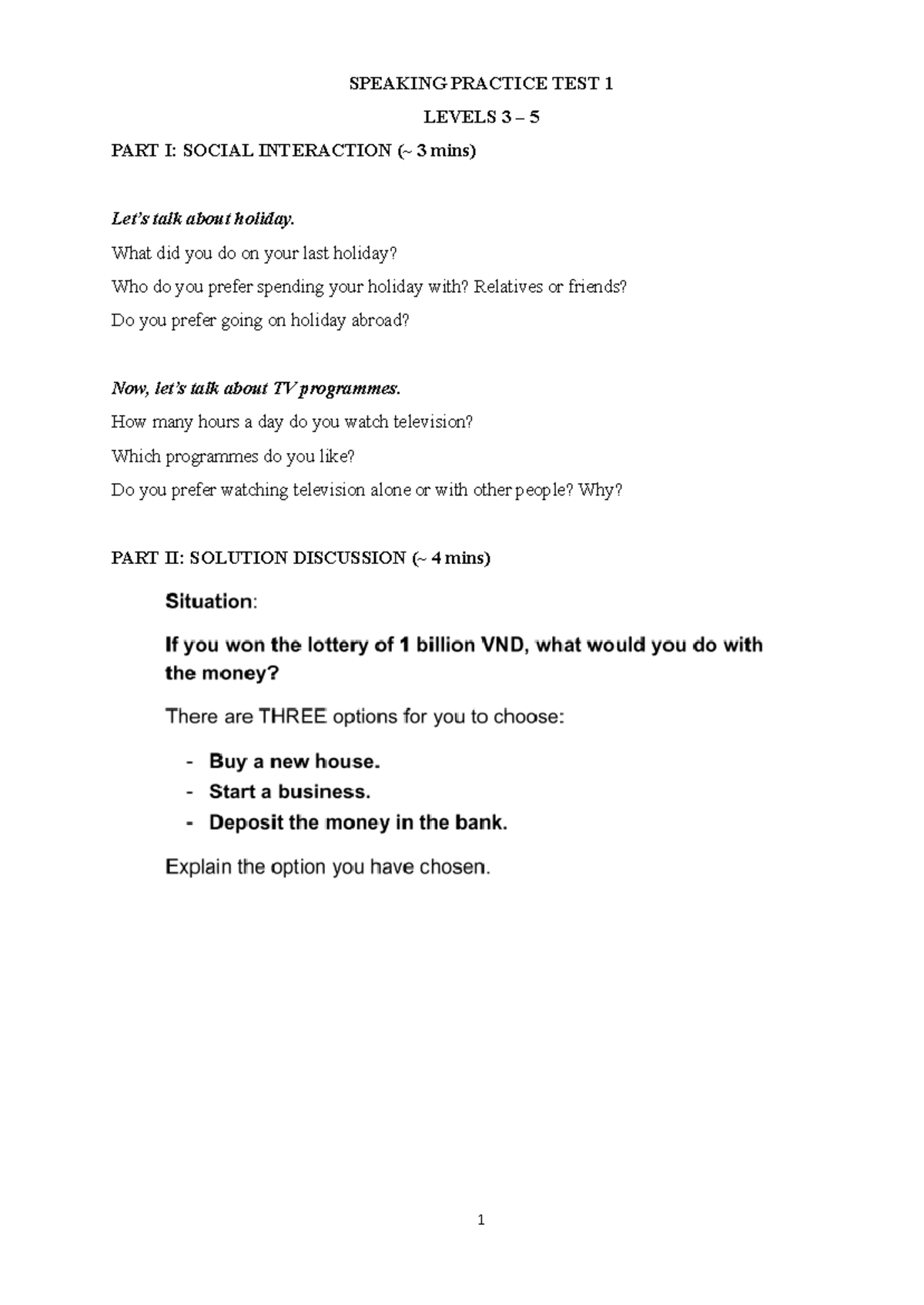 SPEAKING PRACTICE TEST 1-10 LEVELS 3-5: SOCIAL INTERACTION & DISCUSSION ...