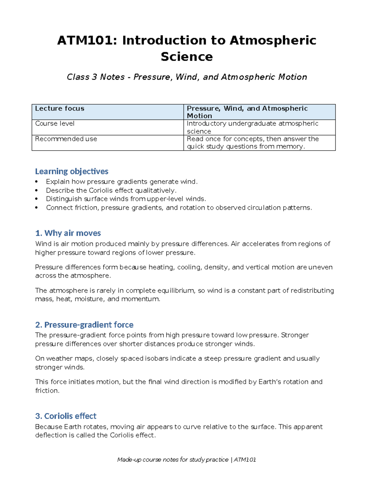 ATM101: Atmospheric Science Class 3 Notes on Pressure and Wind - Studocu