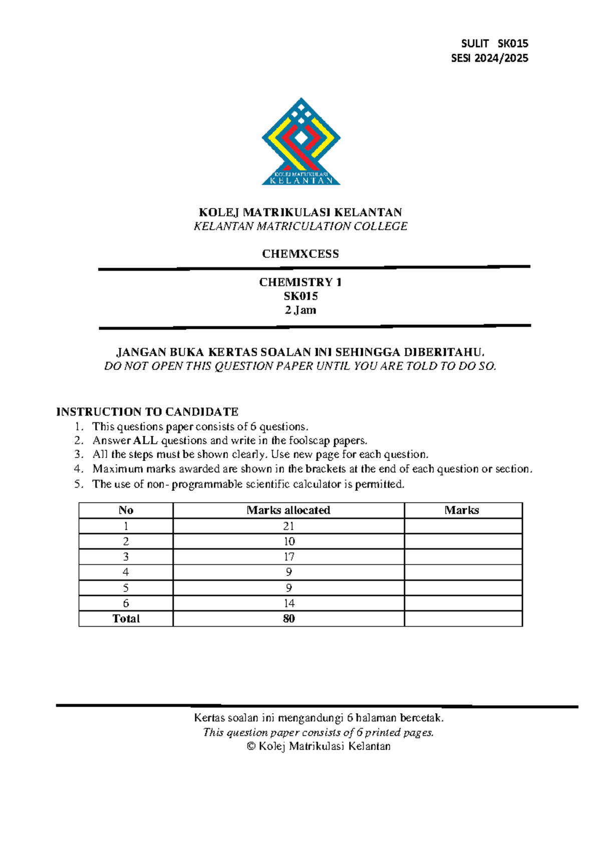Papers for SK015 Chemistry 1 Final Exam - Matriculation College - Studocu