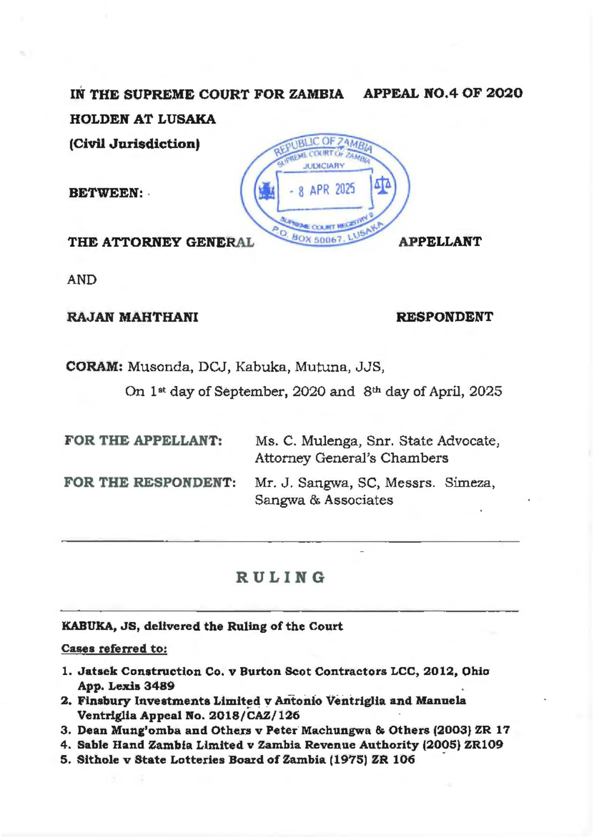 Attorney General v Rajan Mahthani: Appeal No. 4 of 2020 Ruling - Studocu