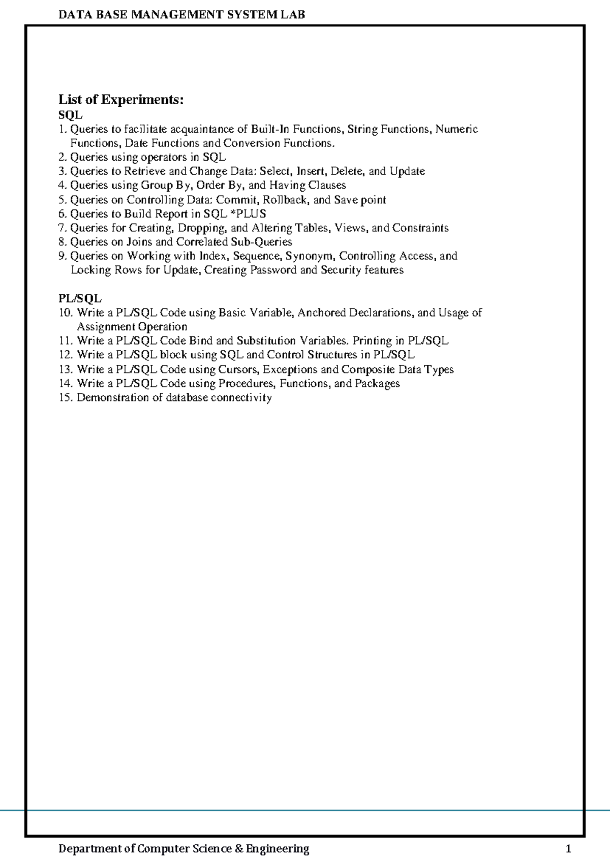 DBMS LAB EXPERIMENTS: SQL Queries & Functions Guide - Studocu