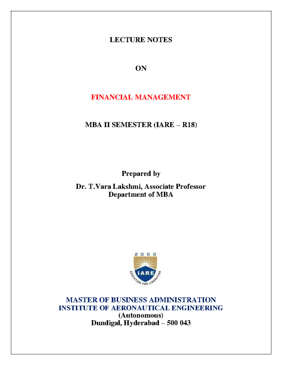 Financial Management Notes - LECTURE NOTES ON FINANCIAL MANAGEMENT MBA ...