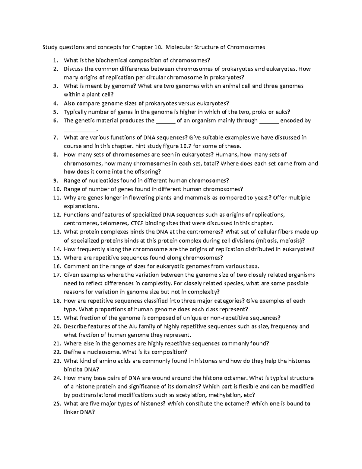 Study Questions for Chapter 10: Molecular Structure of Chromosomes ...
