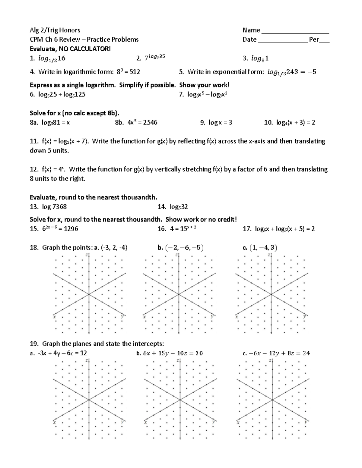 CPM Algebra 2/Trig Honors Ch 6 Review: Practice Problems & Solutions ...