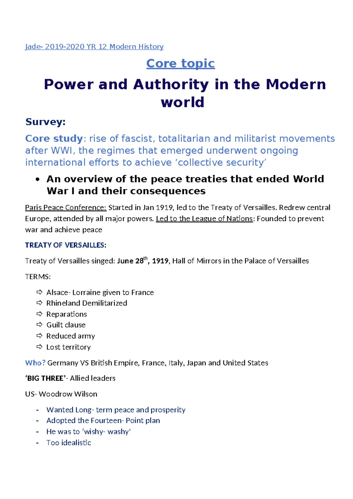 HSC 2019-2020 YR 12 Modern History: Power and Authority Analysis 1919 ...