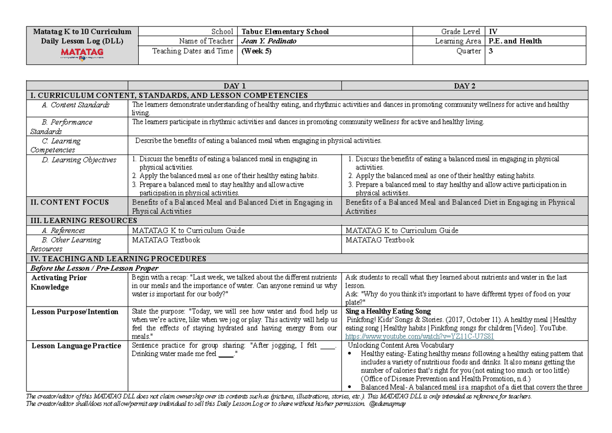 Matatag K to 10 DLL: P.E. & Health G4 Q3 Week 5 Lesson Plan - Studocu