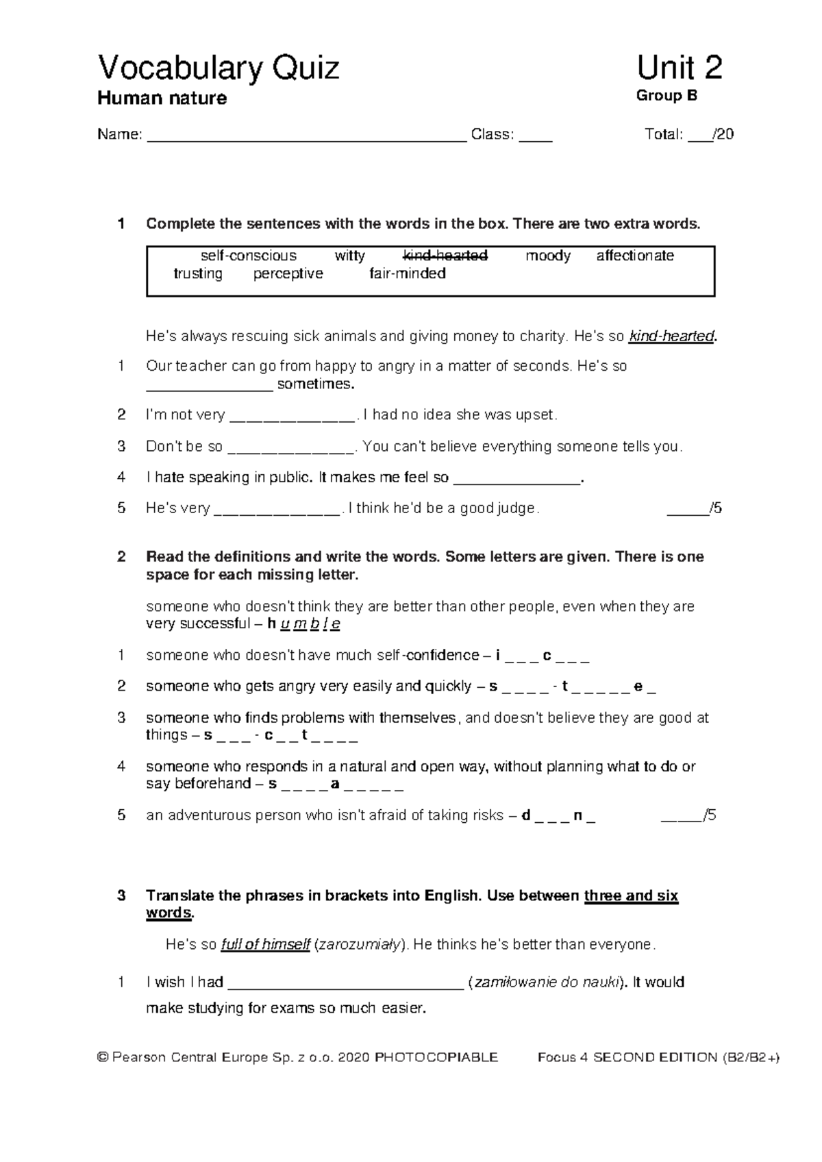 Focus 4 2E Vocabulary Quiz Unit 2 - Group B - Studocu