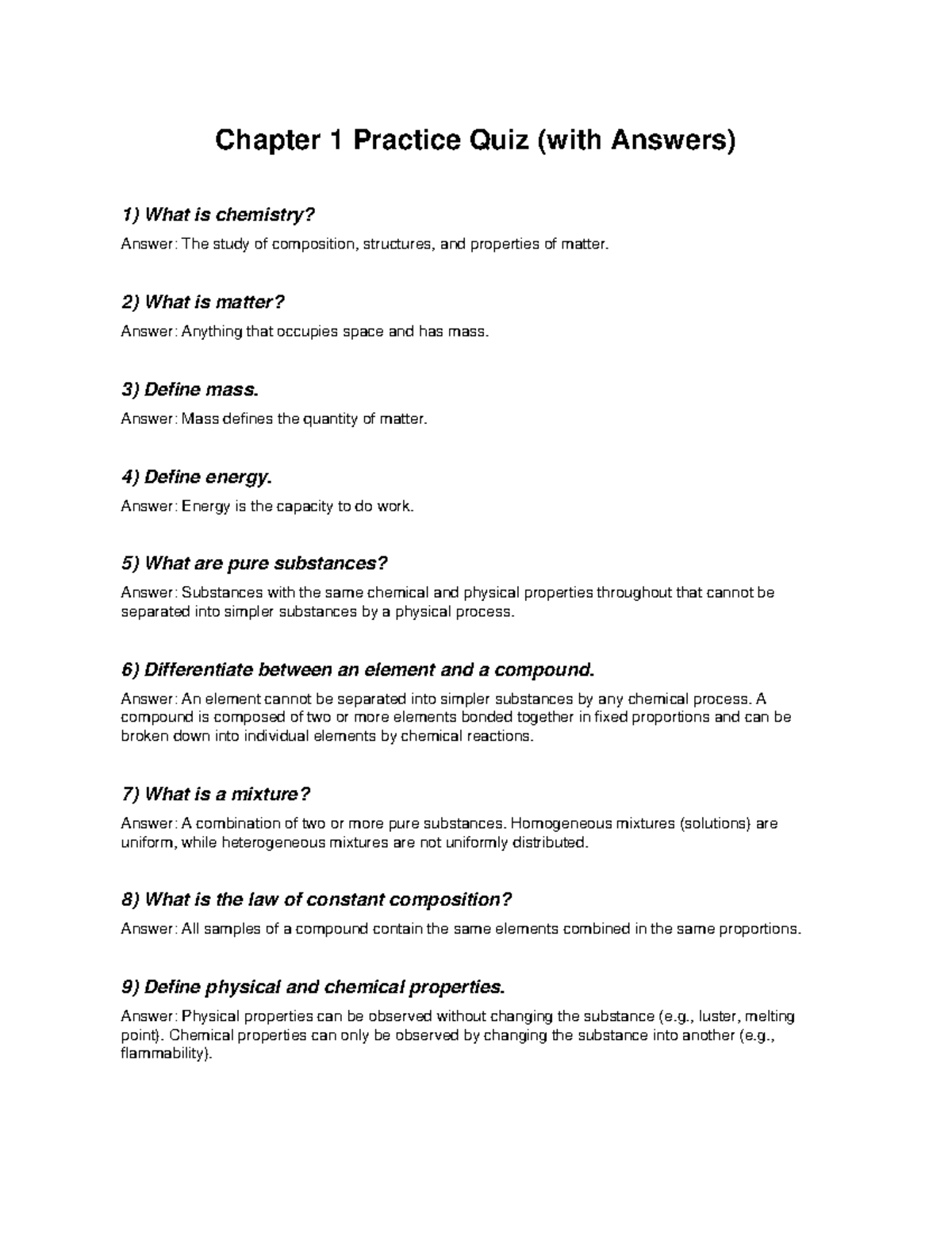 CHEM101 Chapter 1 Practice Quiz with Answers - Studocu