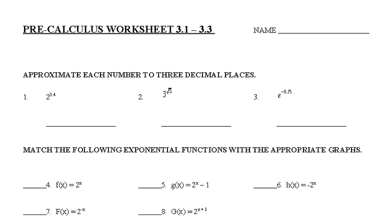 Chapter 5 Practice: Exponential & Logarithmic Functions Worksheet - Studocu