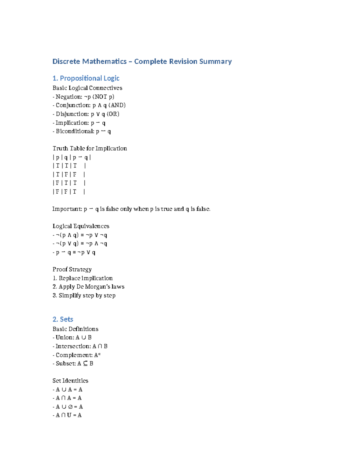 Discrete Mathematics Revision Notes: Propositional Logic & More - Studocu