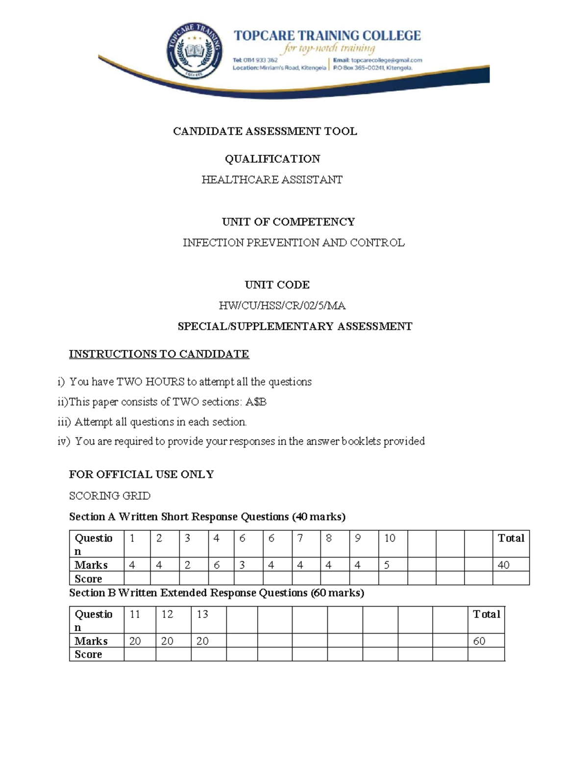 Infection Prevention and Control Assessment Tool for Healthcare Assistants - Studocu