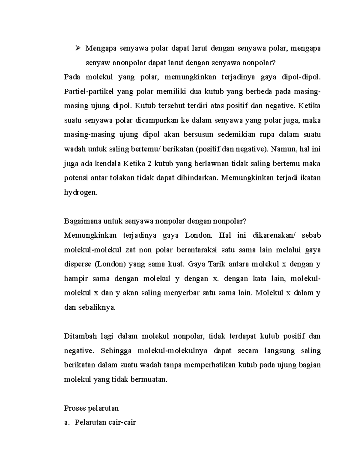 Pelarutan: Interaksi Molekul Polar dan Nonpolar dalam Cairan - Studocu