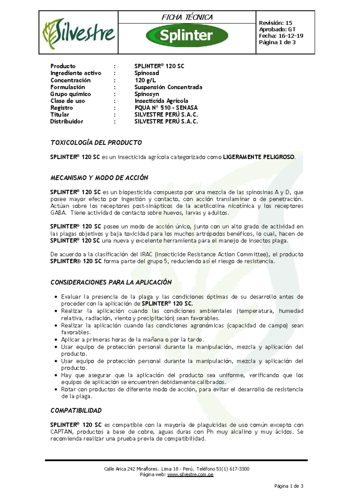 FT-120 SC Spinosad: Ficha Técnica y Consideraciones de Uso - Studocu