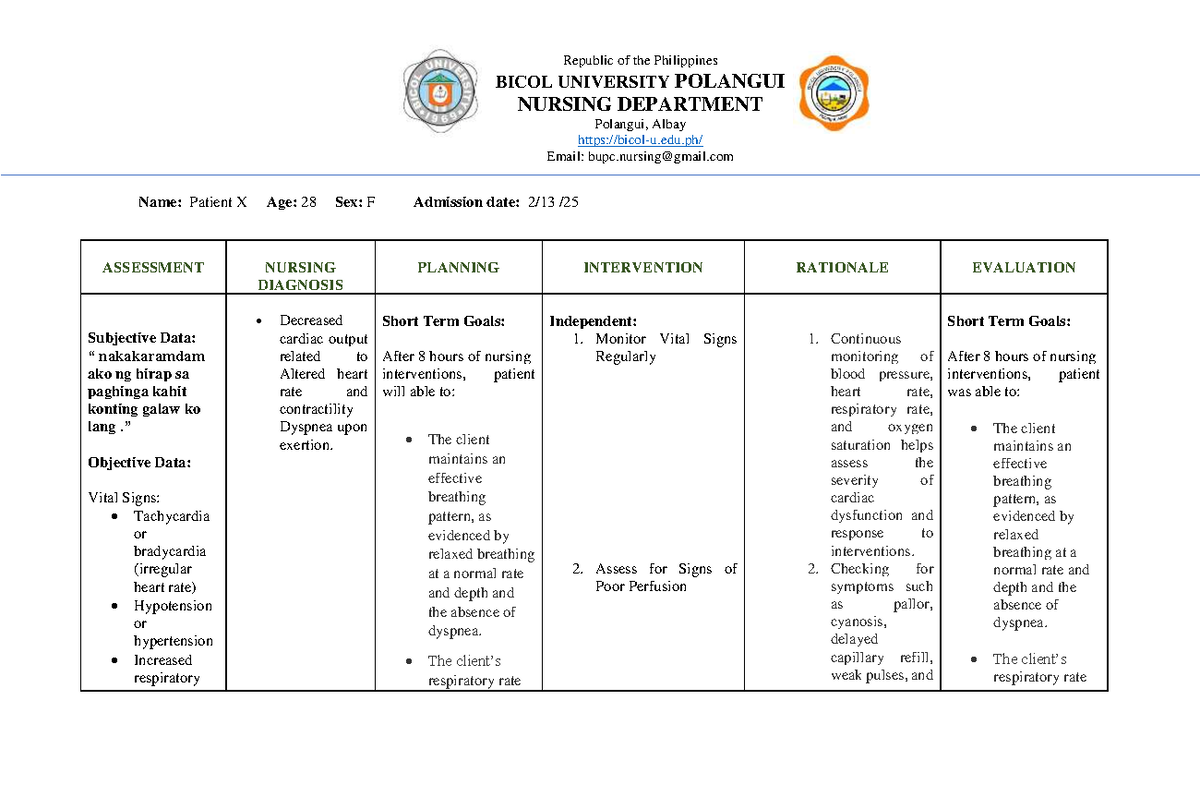 Vasquez NCP Cardio Respi - Republic of the Philippines BICOL UNIVERSITY ...