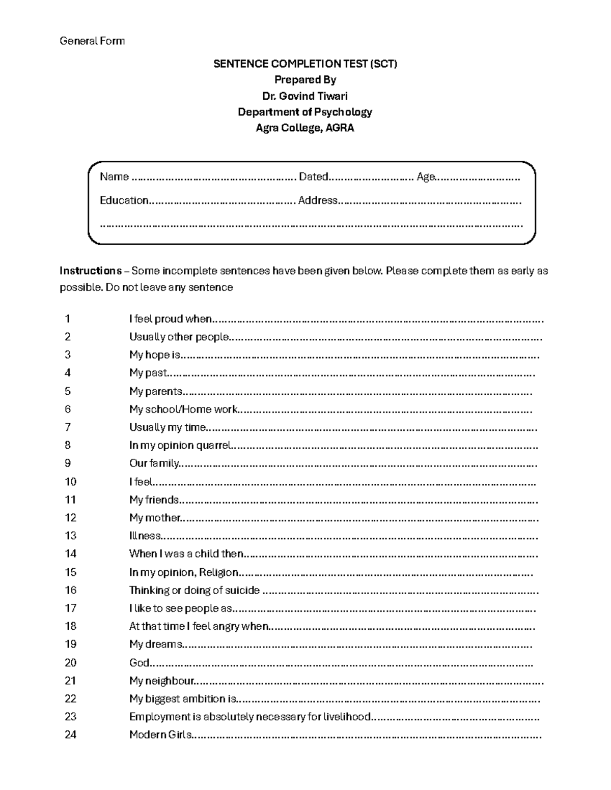 Psychology SCT: General Form Sentence Completion Test - Studocu