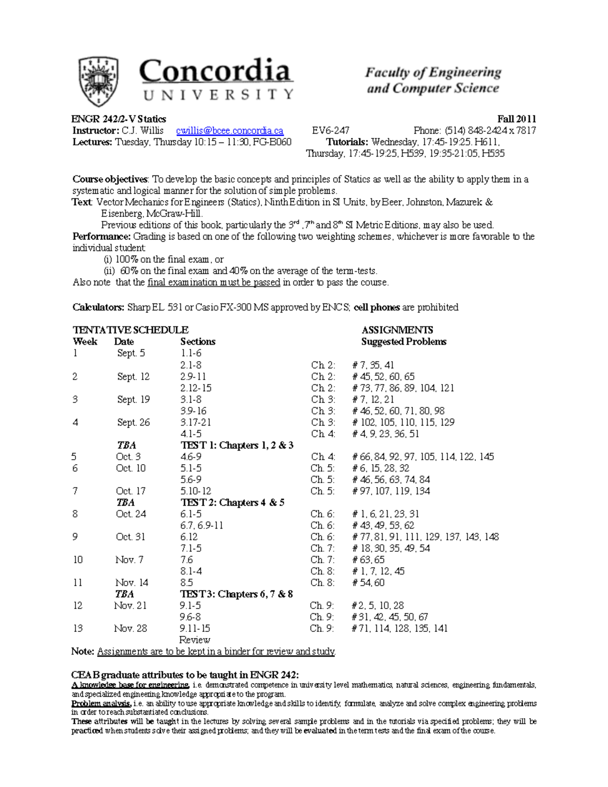 ENGR 242 Statics Course Outline - Fall 2011 - Studocu