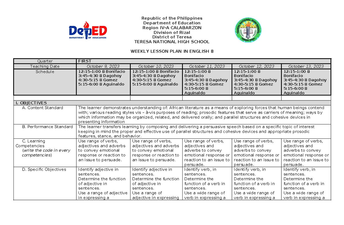 Eng8 WLP Week 7 - Lesson Plan on Emotive Words and Verbs - Studocu